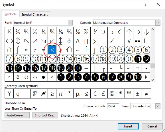 Less Than Or Equal To Symbol In Word Shortcut 